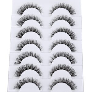 False Eyelashes Wispy Natural C Curl Strip Lashes Transparent Lash Bands Fluffy Cat Eye Lashes 7 Pairs by Yawamica