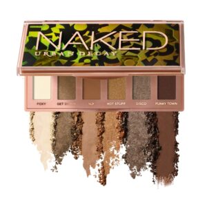 urban decay naked foxy mini, olive neutral eyeshadow palette, matte, metallic, shimmer & glitter finish, 6 gold & taupe eye shadows, travel friendly size, vegan, cruelty-free