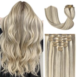 vario hair clip in hair extensions blonde highlighted human hair balayage hair extensions mixed bleach blonde 12 inch 70g fine hair full head silky straight 100% human hair clip in extensions