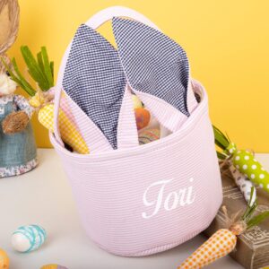 Personalized Easter Basket for Boys Girls, Seersucker Egg Hunt Bunny Baskets for Kids, DIY Bunny Bucket Tote Bags for Easter Decoration Candy Gifts Storage