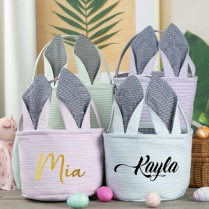 Personalized Easter Basket for Boys Girls, Seersucker Egg Hunt Bunny Baskets for Kids, DIY Bunny Bucket Tote Bags for Easter Decoration Candy Gifts Storage