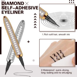 12 Pieces Self Adhesive Eyeliner 2 in 1 Eye Liner Pen Diamond Liquid Eyeliner No Glue No Magnetic Eyeliner Waterproof Lasting for Women Girls Eye Makeup False Eyelashes Gift, Black