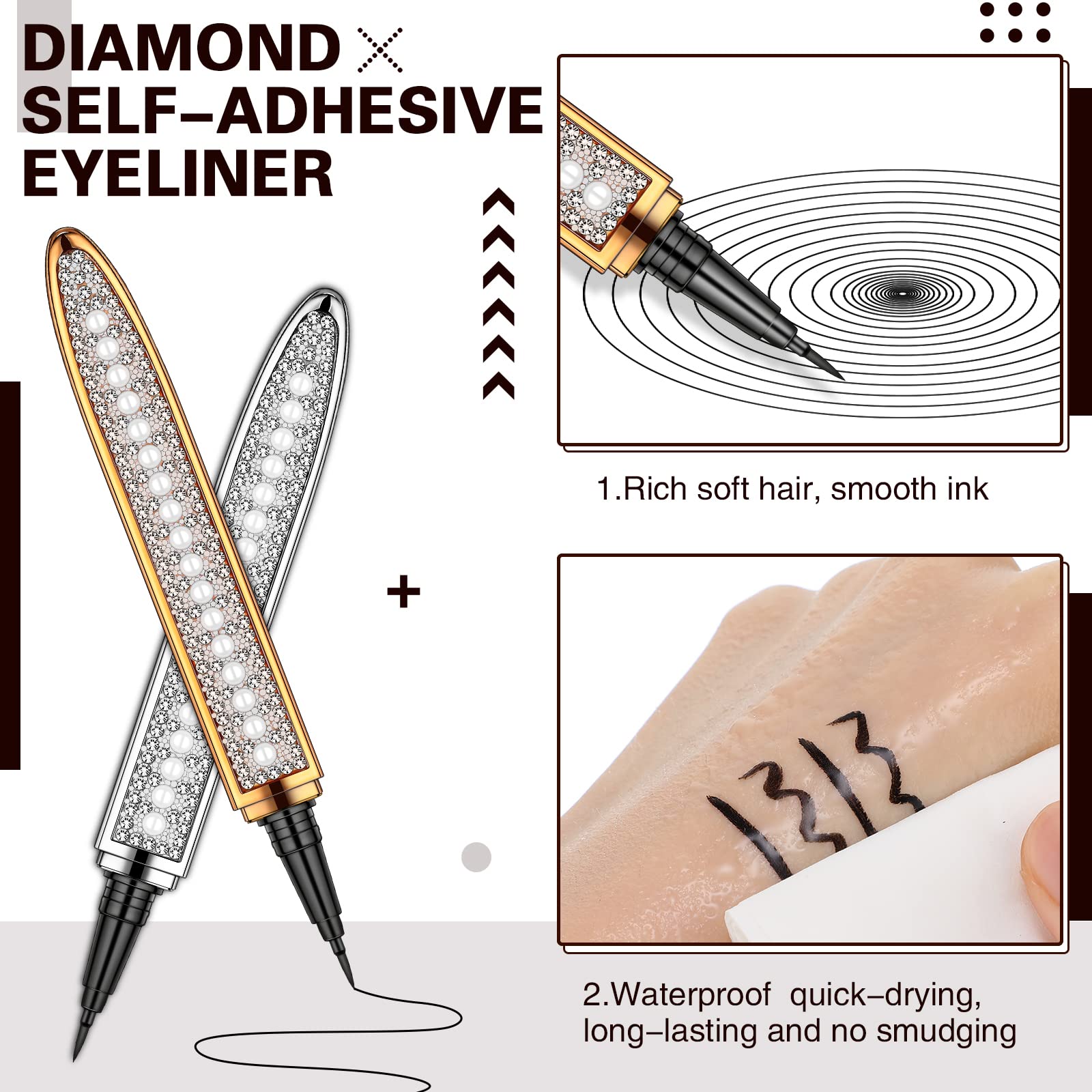 12 Pieces Self Adhesive Eyeliner 2 in 1 Eye Liner Pen Diamond Liquid Eyeliner No Glue No Magnetic Eyeliner Waterproof Lasting for Women Girls Eye Makeup False Eyelashes Gift, Black