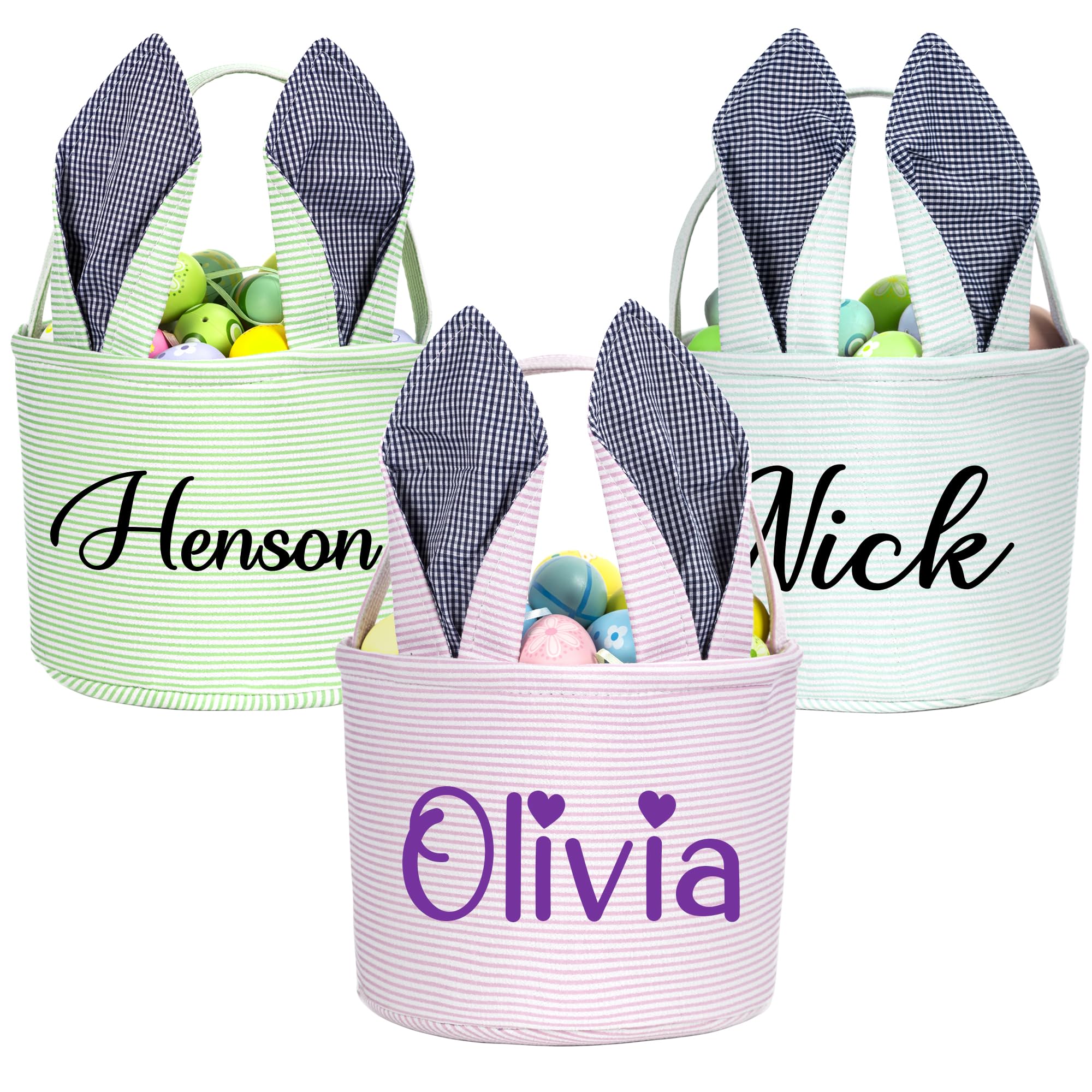 Personalized Easter Basket for Boys Girls, Seersucker Egg Hunt Bunny Baskets for Kids, DIY Bunny Bucket Tote Bags for Easter Decoration Candy Gifts Storage