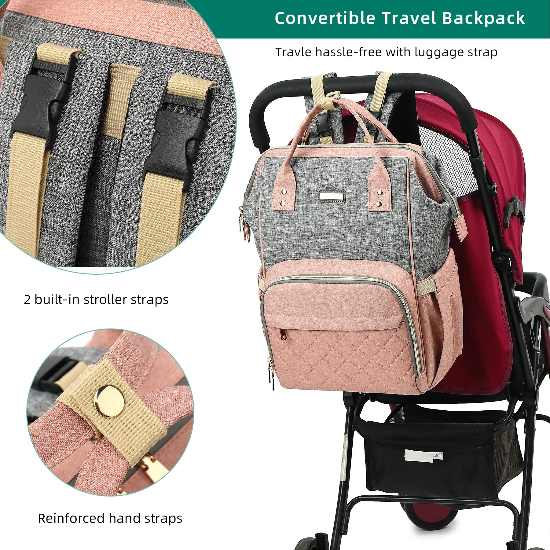 Diaper Bag for Baby Girls Boys, Baby Nappy Changing Bag with Insulated Pockets for Moms Dads, Multi-functional Waterproof Backpack with Stroller straps-Pink