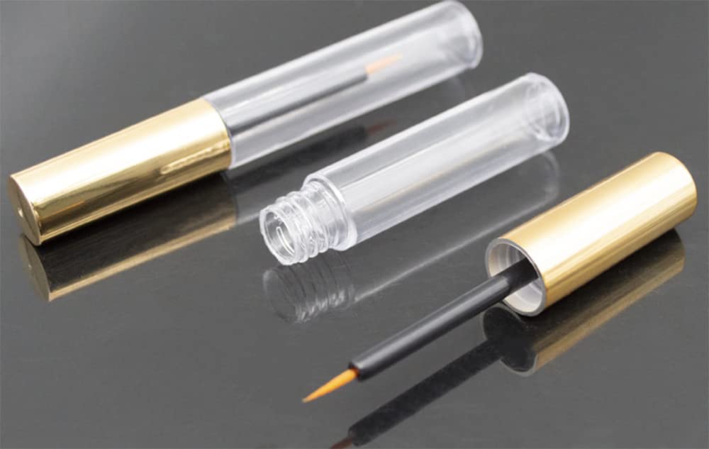 10ml Plastic Eyeliner Vials Bottle Empty Refillable Disposable Eyeliner Brush Applicator Multi-functional Eyelashes Container for DIY Eyelash Growth Oil, Eye Gloss Liquid, Gold Cover, Pack of 10