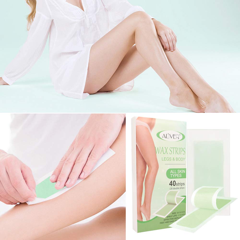 40 Wax Strips for Hair Removal, Hair Removal Pads for Women Legs Body Arms Underarm Eyebrow Bikini - Natural Green Wax Strips