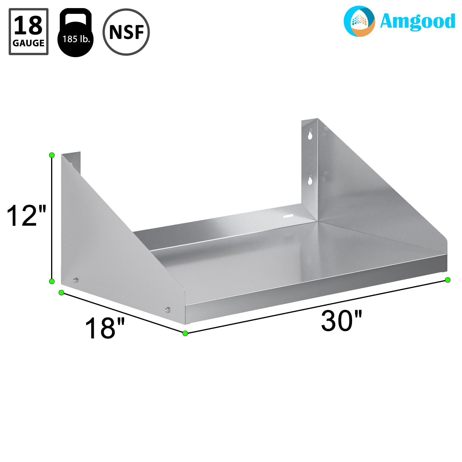 AmGood 30" Long X 18" Deep Stainless Steel Wall Shelf with Side Guards