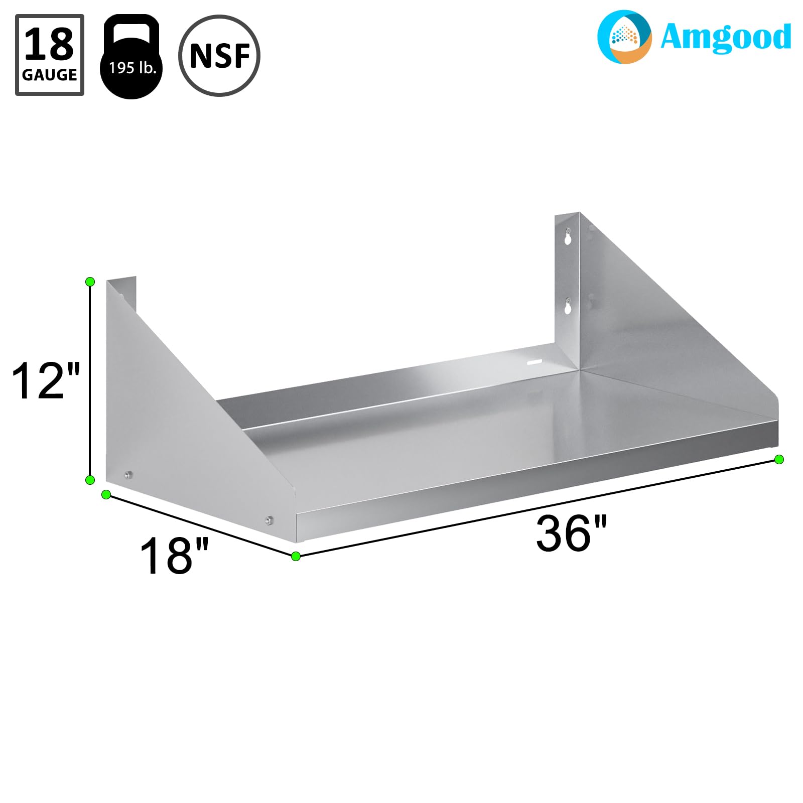 AmGood 36" Long X 18" Deep Stainless Steel Wall Shelf with Side Guards