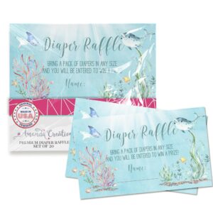 amanda creation underwater cute sea life diaper raffle tickets for baby showers, 20 2" x 3” double sided insert cards for games, bring a pack of diapers to win favors & prizes!