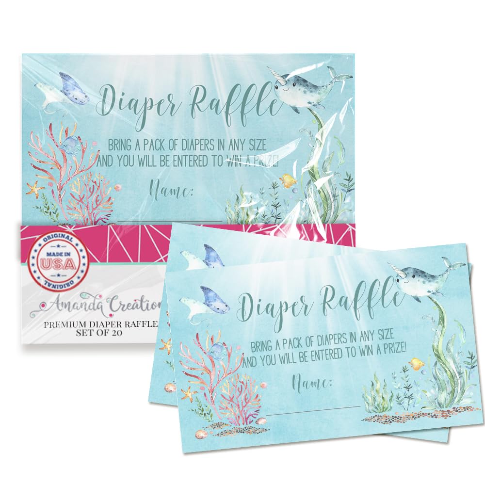 Amanda Creation Underwater Cute Sea Life Diaper Raffle Tickets for Baby Showers, 20 2" X 3” Double Sided Insert Cards for Games, Bring a Pack of Diapers to Win Favors & Prizes!