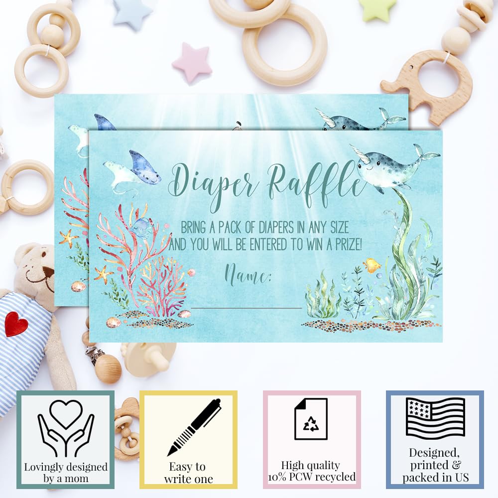 Amanda Creation Underwater Cute Sea Life Diaper Raffle Tickets for Baby Showers, 20 2" X 3” Double Sided Insert Cards for Games, Bring a Pack of Diapers to Win Favors & Prizes!