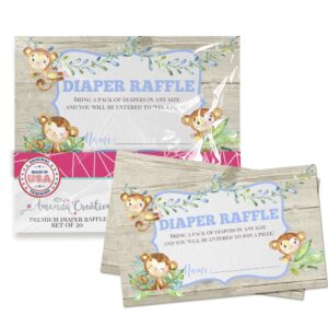 amanda creation watercolor jungle monkeys diaper raffle tickets for baby boy showers, 20 2" x 3” double sided insert cards for games, bring a pack of diapers to win favors & prizes!