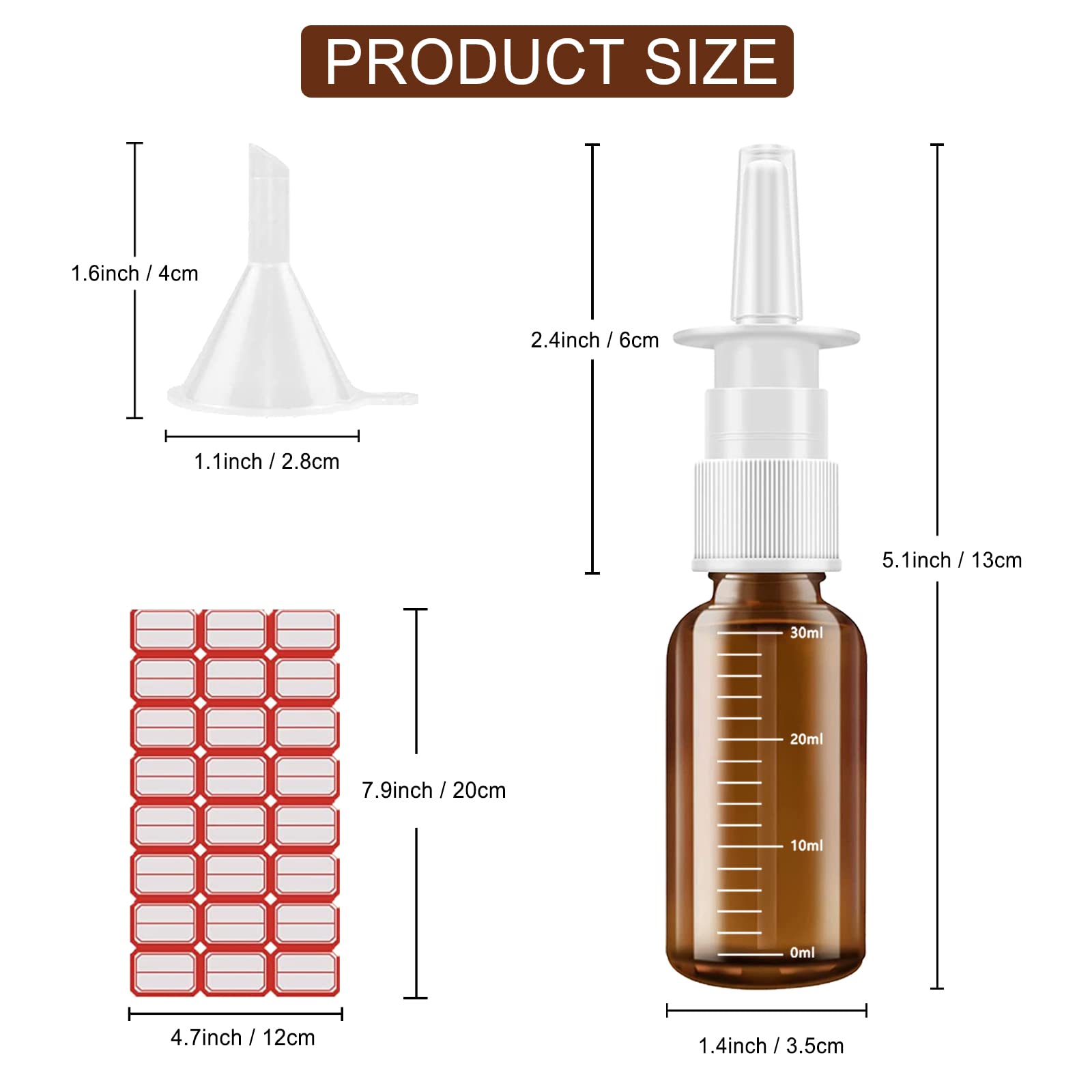 Nasal Spray Bottles with Graduated Scale, 5 PCS 30ML/1OZ Continuous Fine Mister Spray Bottles, Refillable Small Empty Amber Glass Bottle with Funnels, Travel Clips and Labels