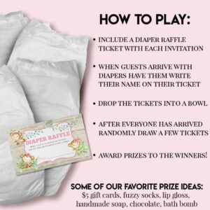 Amanda Creation Watercolor Jungle Monkeys Diaper Raffle Tickets for Baby Girl Showers, 20 2" X 3” Double Sided Insert Cards for Games, Bring a Pack of Diapers to Win Favors & Prizes!