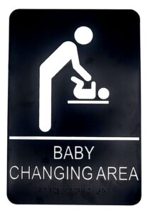 kraken sign co. - baby changing area sign - ada compatible - braille sign - white lettering and graphic on black background - 9" x 6" - self adhesive included