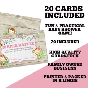 Amanda Creation Watercolor Jungle Monkeys Diaper Raffle Tickets for Baby Girl Showers, 20 2" X 3” Double Sided Insert Cards for Games, Bring a Pack of Diapers to Win Favors & Prizes!