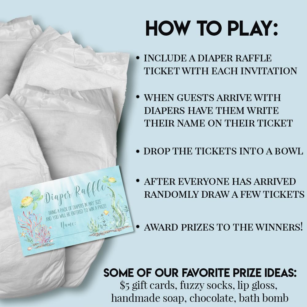 Amanda Creation Little Hatchling Cute Sea Turtle Sea Life Diaper Raffle Tickets for Baby Showers, 20 2" X 3” Double Sided Insert Cards for Games, Bring a Pack of Diapers to Win Favors & Prizes!