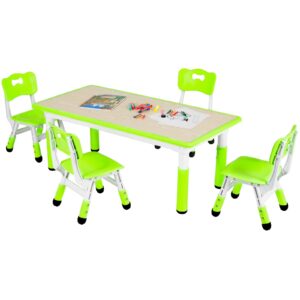 arlopu kids table and 4 chair set, height adjustable toddler table and chair set, non-slip legs, graffiti desktop, large children activity table, reading daycare classroom home (green)