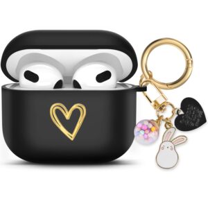 aiiko for airpod case 3rd generation with cute rabbit lucky ball keychain golden heart pattern soft tpu shockproof protective airpod 3 case cover for girls women-black