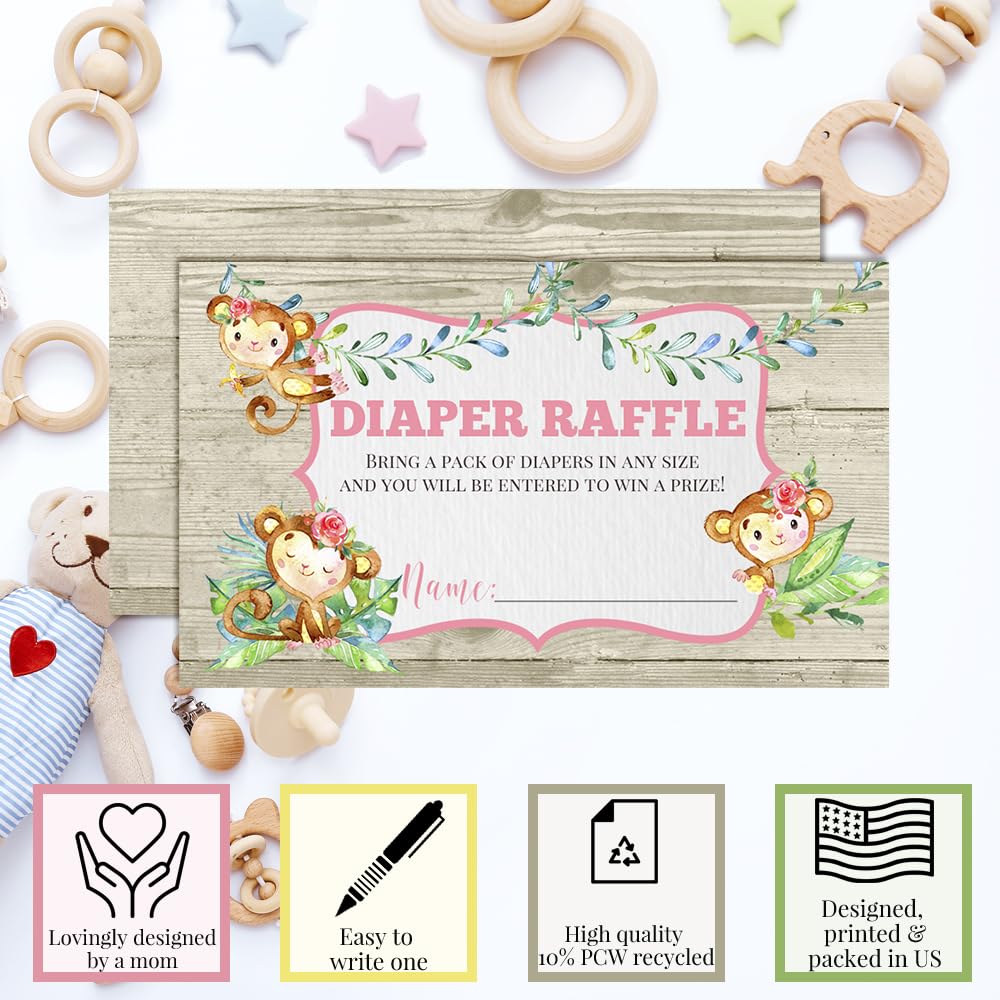 Amanda Creation Watercolor Jungle Monkeys Diaper Raffle Tickets for Baby Girl Showers, 20 2" X 3” Double Sided Insert Cards for Games, Bring a Pack of Diapers to Win Favors & Prizes!