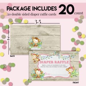 Amanda Creation Watercolor Jungle Monkeys Diaper Raffle Tickets for Baby Girl Showers, 20 2" X 3” Double Sided Insert Cards for Games, Bring a Pack of Diapers to Win Favors & Prizes!