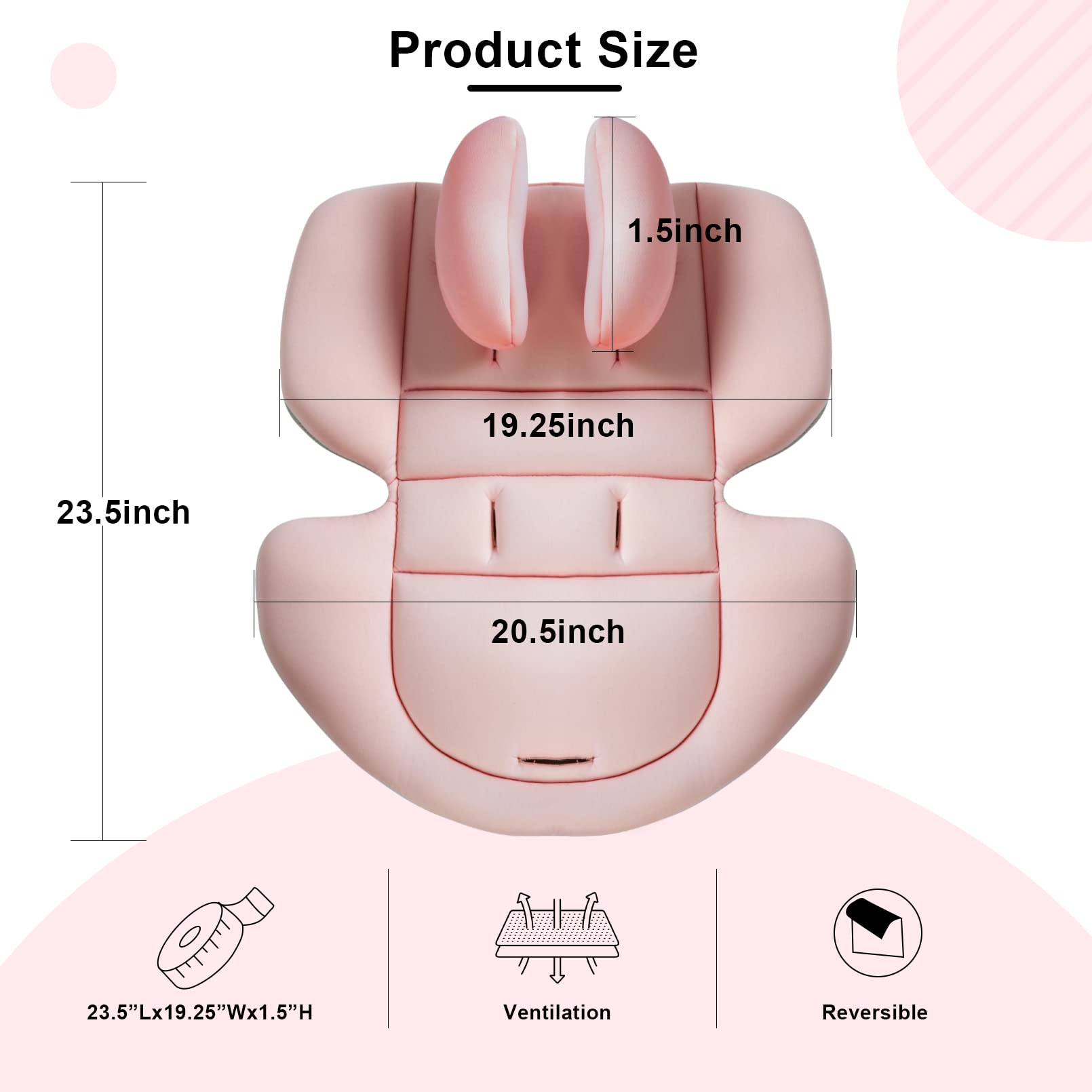 Innokids Baby Stroller Seat Liners 2-in-1 Reversible Cushion Insert with Adjustable Pillow Fit Travel in Summer or Winter (Pink)