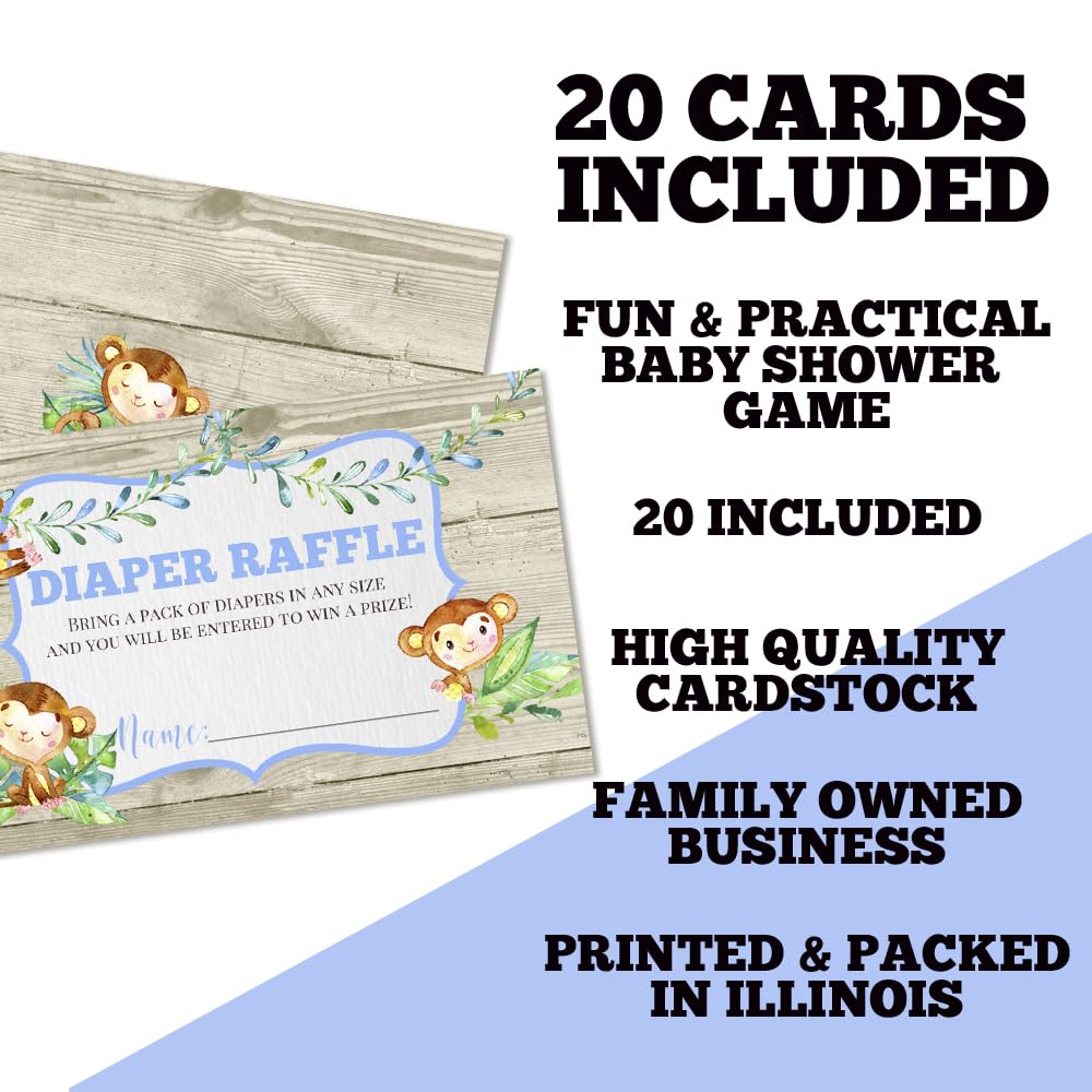 Amanda Creation Watercolor Jungle Monkeys Diaper Raffle Tickets for Baby Boy Showers, 20 2" X 3” Double Sided Insert Cards for Games, Bring a Pack of Diapers to Win Favors & Prizes!