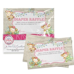 amanda creation watercolor jungle monkeys diaper raffle tickets for baby girl showers, 20 2" x 3” double sided insert cards for games, bring a pack of diapers to win favors & prizes!