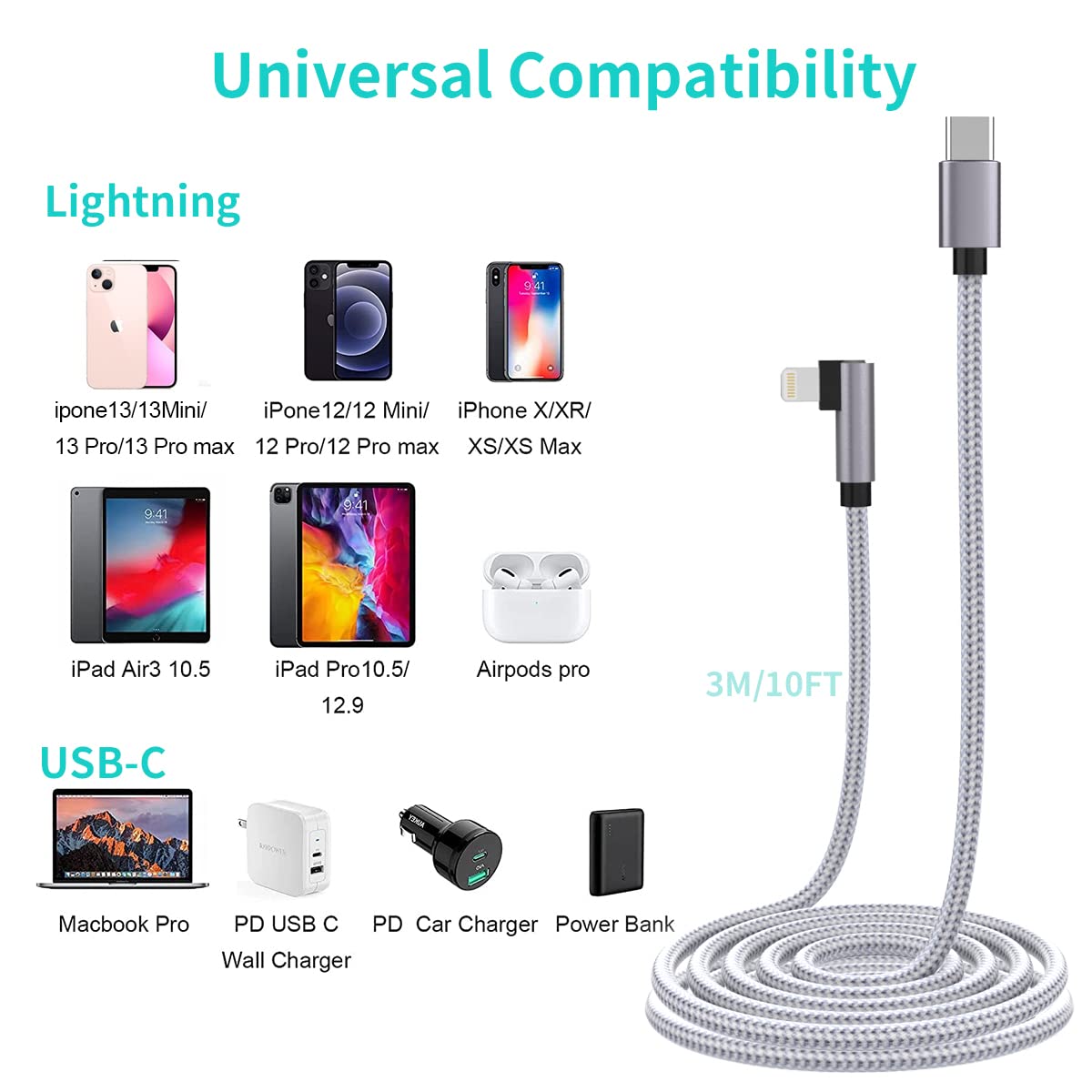 90 Degree iPhone Charger cable 10FT MFi Certified Right Angle iPhone Charger Nylon Braided Lightning to USB C PD Fast Charging Cable Data Sync Cord Compatible with iPhone 14/13/Pro/12/Max/11/X/XS/XR/8