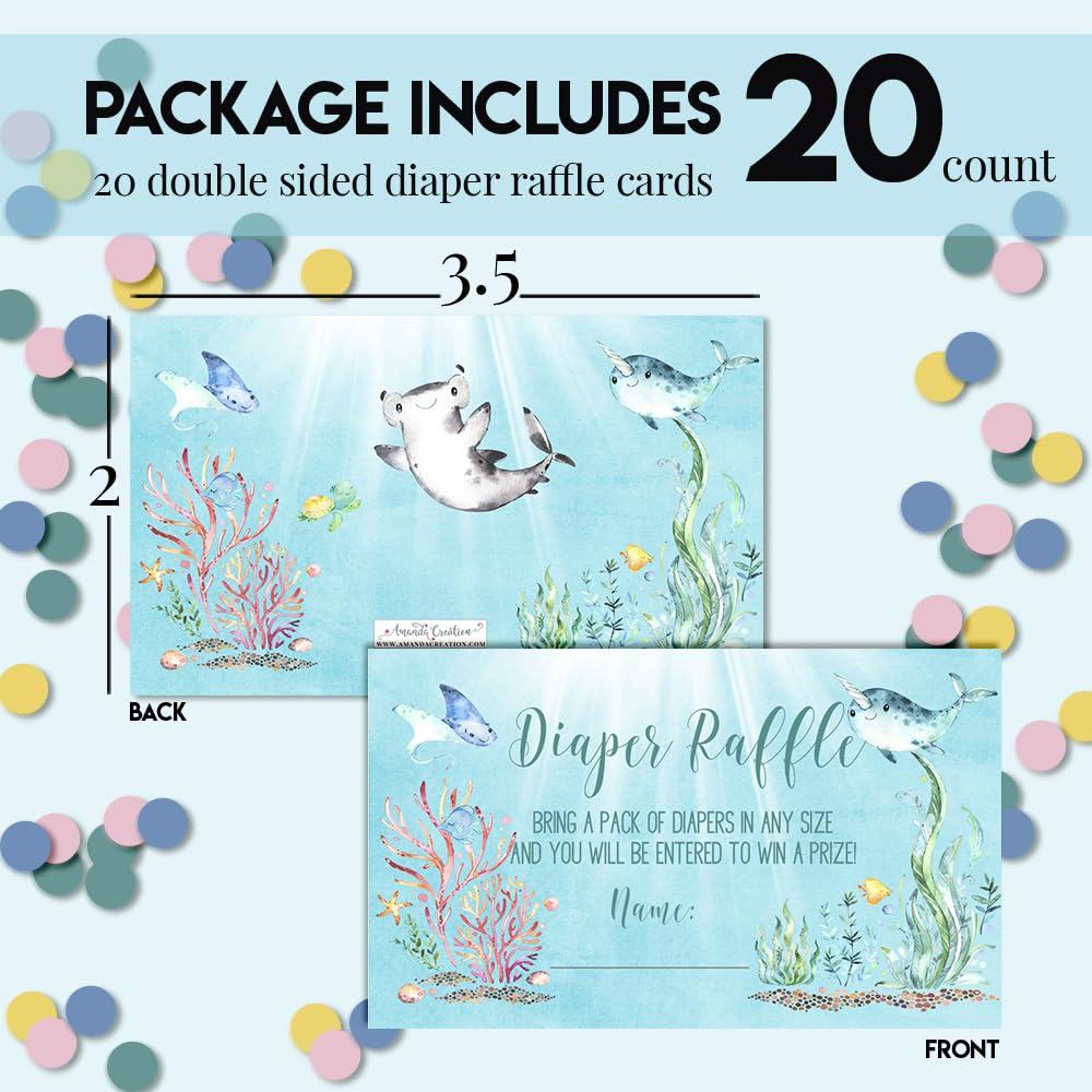 Amanda Creation Underwater Cute Sea Life Diaper Raffle Tickets for Baby Showers, 20 2" X 3” Double Sided Insert Cards for Games, Bring a Pack of Diapers to Win Favors & Prizes!