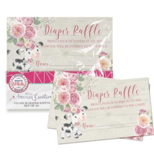 amanda creation watercolor pink floral cow diaper raffle tickets for baby showers, 20 2" x 3” double sided insert cards for games, bring a pack of diapers to win favors & prizes!