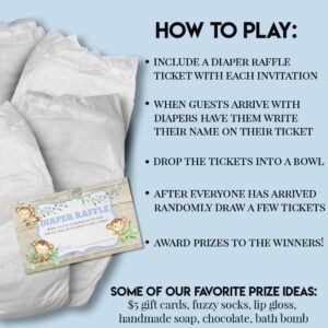 Amanda Creation Watercolor Jungle Monkeys Diaper Raffle Tickets for Baby Boy Showers, 20 2" X 3” Double Sided Insert Cards for Games, Bring a Pack of Diapers to Win Favors & Prizes!