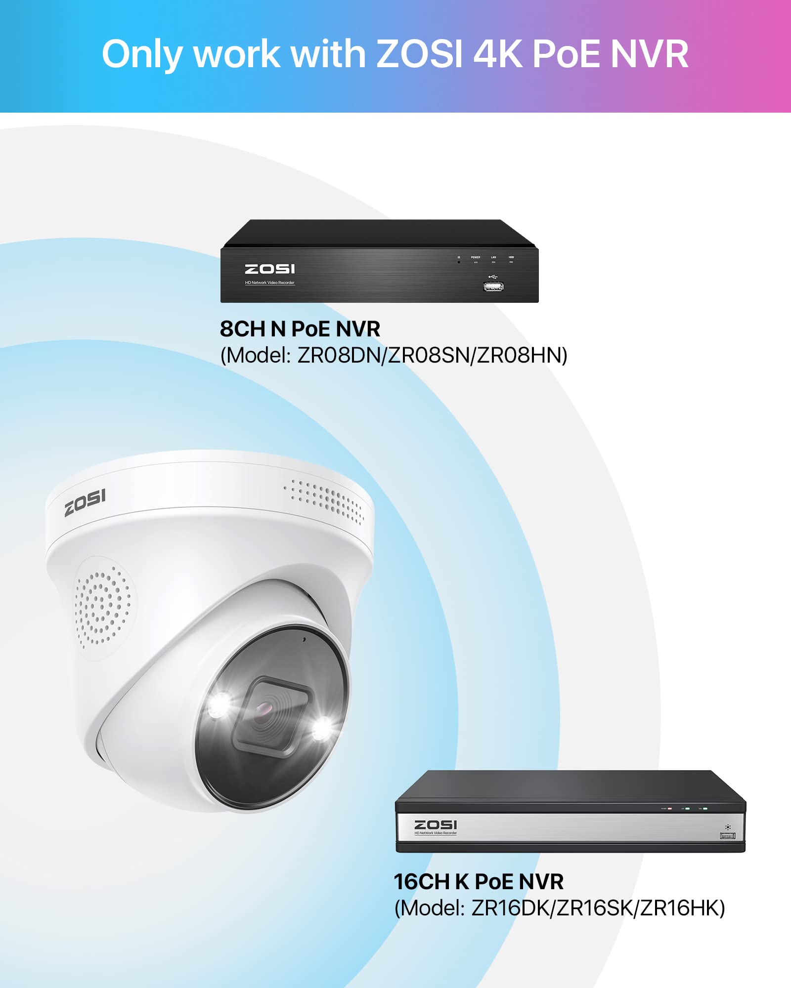 ZOSI 4PK 4K PoE Add On Camera with Ethernet Cables,8MP Weatherproof Outdoor Indoor Dome Security Camera with Person/Vehicle Detection,Night Vision,2 Way Audio,Only Compatible with ZOSI 4K POE NVR