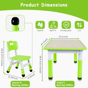 Arlopu Kids Table and 4 Chair Set, Height Adjustable Toddler Table and Chair Set, Non-Slip Legs, Graffiti Desktop, Large Children Activity Table, Reading Daycare Classroom Home (Green)