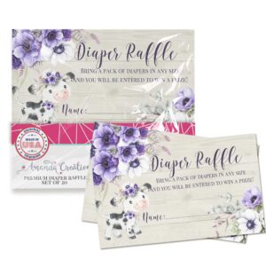 amanda creation watercolor purple floral cow diaper raffle tickets for baby showers, 20 2" x 3” double sided insert cards for games, bring a pack of diapers to win favors & prizes!