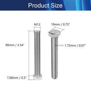 Jutagoss 5pcs M12 Hex Bolt M12-1.75 x 90mm UNC Hex Head Screw Bolts 304 Stainless Steel Fully Threaded Hex Tap Bolts