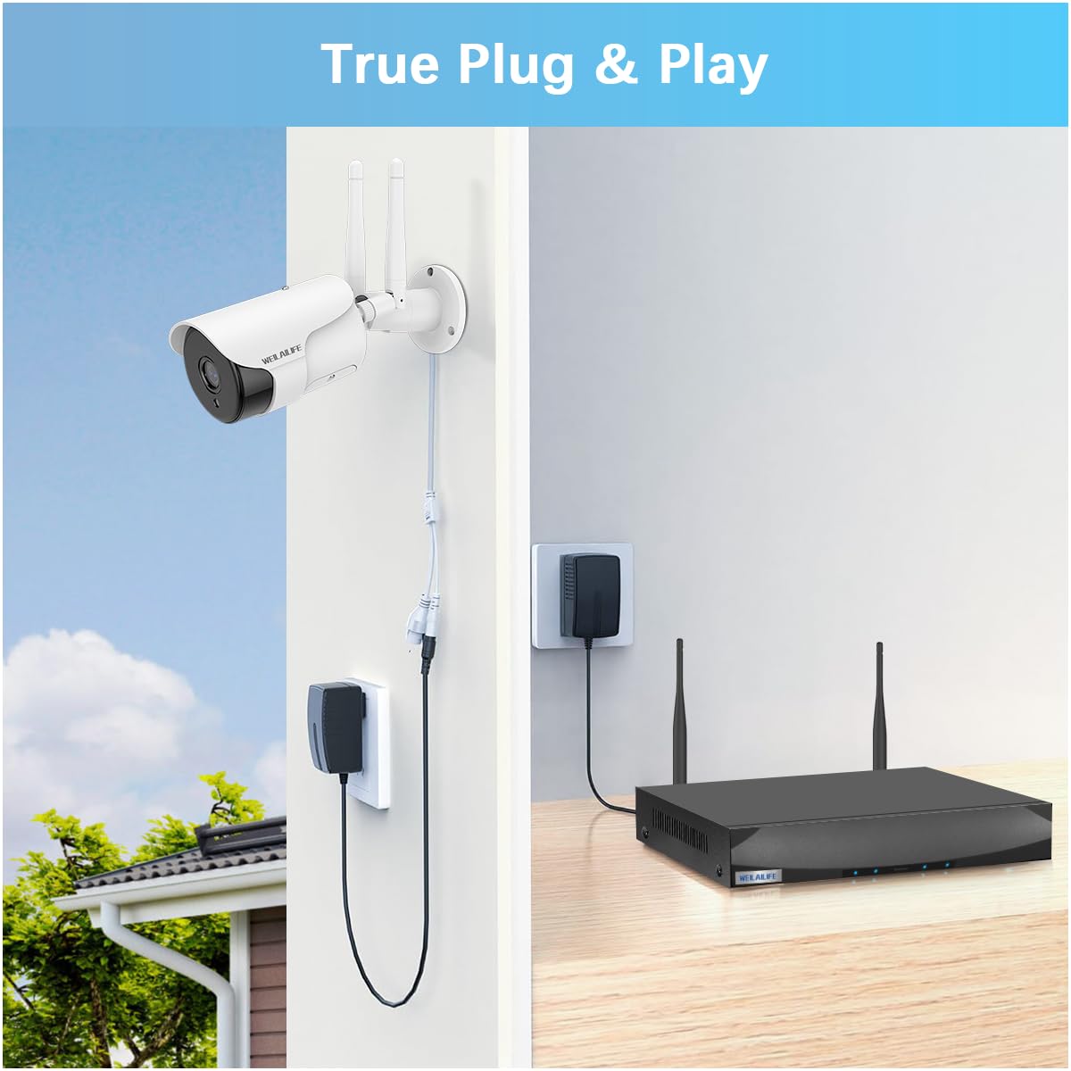 WEILAILIFE 【2-Way Audio ＆ 90ft Night Vision】 3MP Outdoor/Home Wireless Extended Security Camera, Bullet Exterior Surveillance, IP66 Waterproof