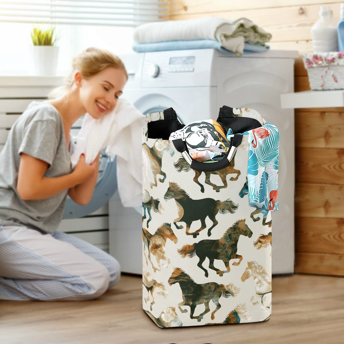 DOMIKING Tie Dye Horses Laundry Storage Basket Collapsible Organizer Laundry Hamper for Kids Room Dirty Cloth Toy Dorm Bag