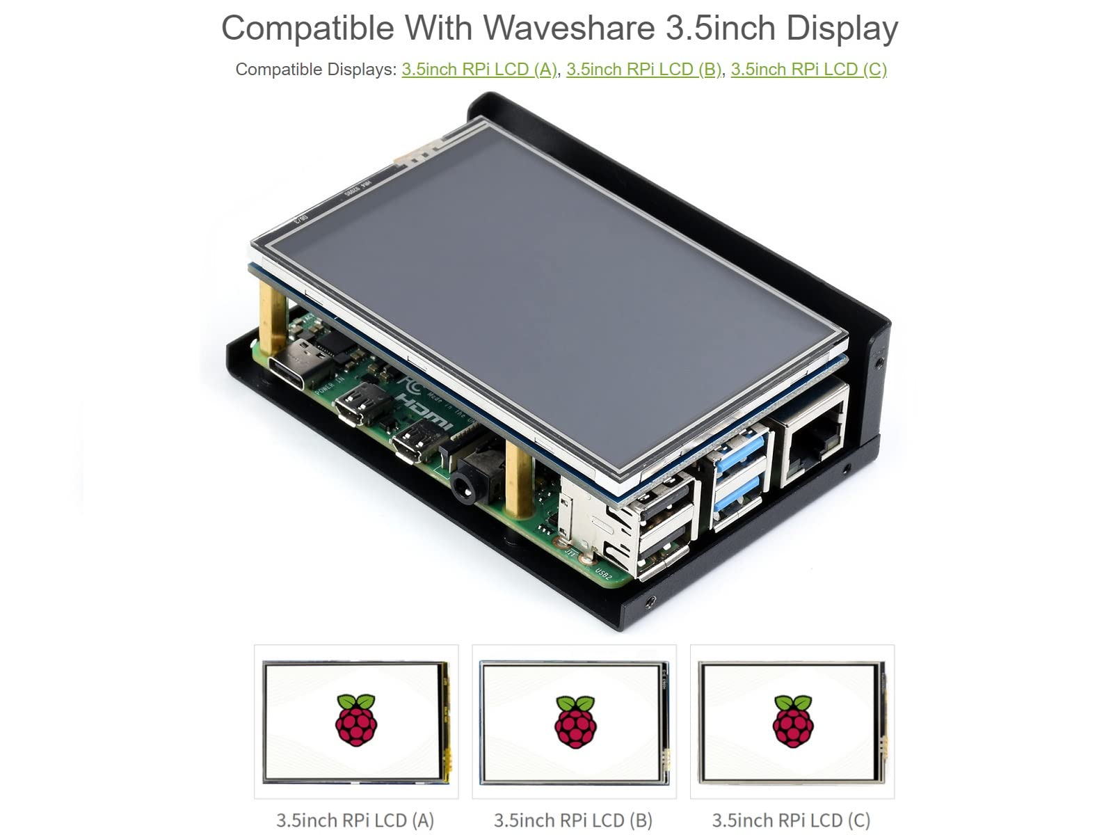 waveshare Aluminum Alloy Case with 3 PCS Heatsinks for Raspberry Pi 4, Metal Case Designed for Raspberry Pi 4B,Compatible 3.5inch RPI LCD (A)/(B)/©