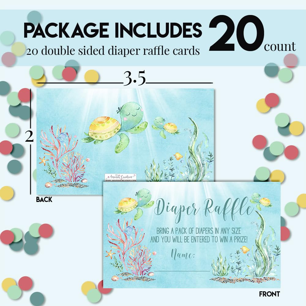 Amanda Creation Little Hatchling Cute Sea Turtle Sea Life Diaper Raffle Tickets for Baby Showers, 20 2" X 3” Double Sided Insert Cards for Games, Bring a Pack of Diapers to Win Favors & Prizes!