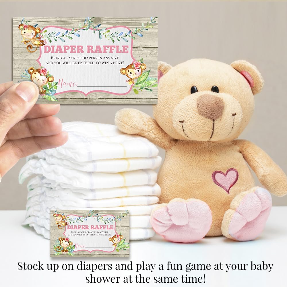 Amanda Creation Watercolor Jungle Monkeys Diaper Raffle Tickets for Baby Girl Showers, 20 2" X 3” Double Sided Insert Cards for Games, Bring a Pack of Diapers to Win Favors & Prizes!