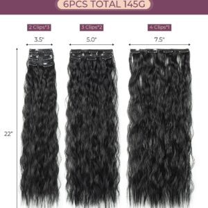 LONAI Clip In Hair Extensions, 6PCS 24" Black Hair Extensions Long Mermaid Waves Wavy Synthetic Clip On Hairpiece For Women（Black）