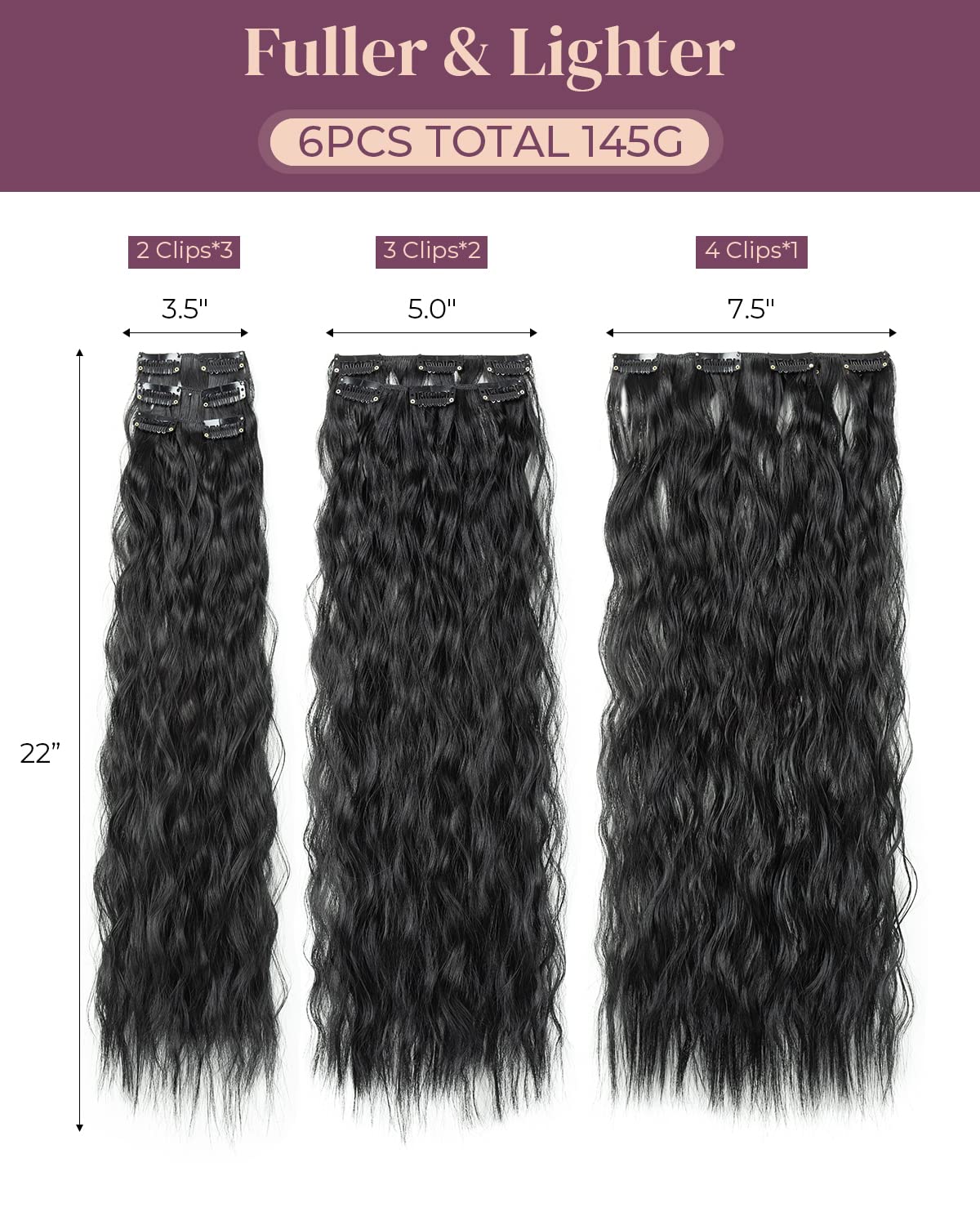 LONAI Clip In Hair Extensions, 6PCS 24" Black Hair Extensions Long Mermaid Waves Wavy Synthetic Clip On Hairpiece For Women（Black）