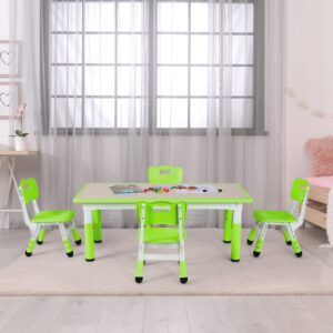 Arlopu Kids Table and 4 Chair Set, Height Adjustable Toddler Table and Chair Set, Non-Slip Legs, Graffiti Desktop, Large Children Activity Table, Reading Daycare Classroom Home (Green)