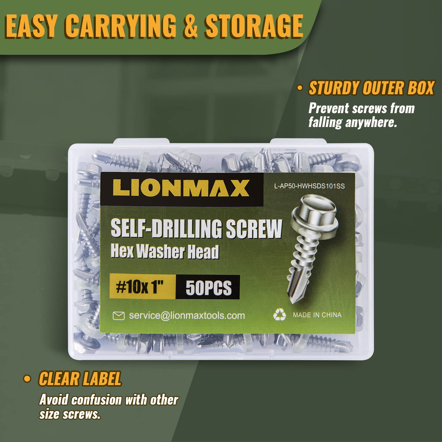 LIONMAX #10 × 1" Self Drilling Screws, Hex Washer Head Sheet Metal Screws, 304 Stainless Steel 18-8, Anti-Corrosion, 50 PCS