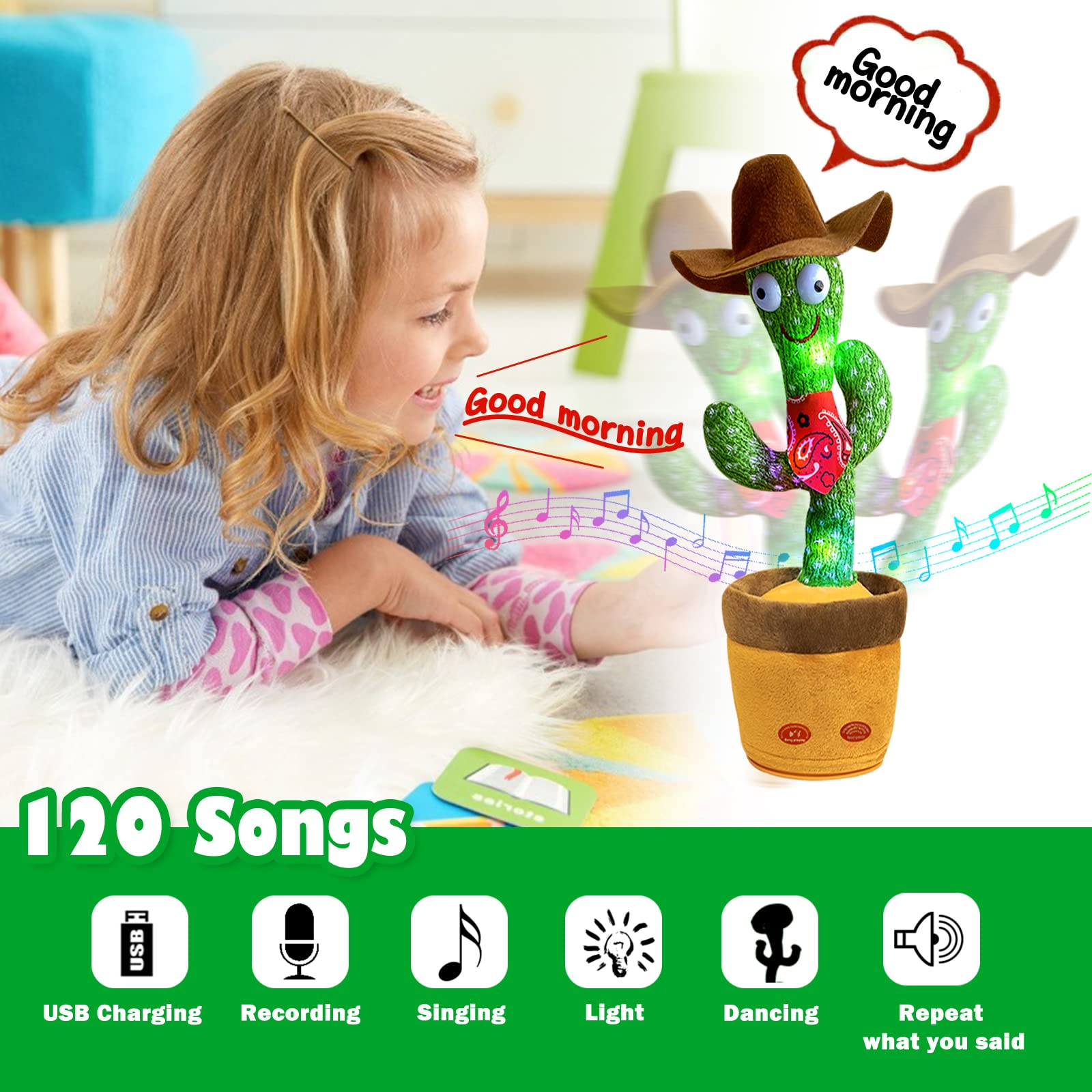 Dancing Cactus, Talking Cactus Toy, Sunny The Cactus Toy Repeats What You Say Electronic Dancing Cactus with Lighting Recording Mimicking Cactus Toy, Electronic Plush Singing Toy for Kids (Cowboy)