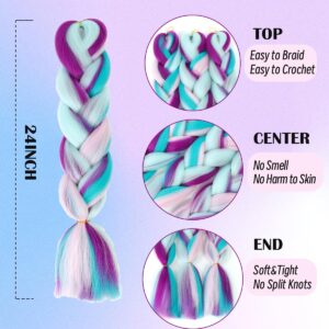 Jumbo Braiding Hair Fiber Mix Four Silky Colorful Twist Braiding Hair 3pcs Rainbow Colors Extensions Synthetic Hair Blue-Light Purple-Pink Synthetic Fiber Soft Healthy (24 Inch 3pcs)