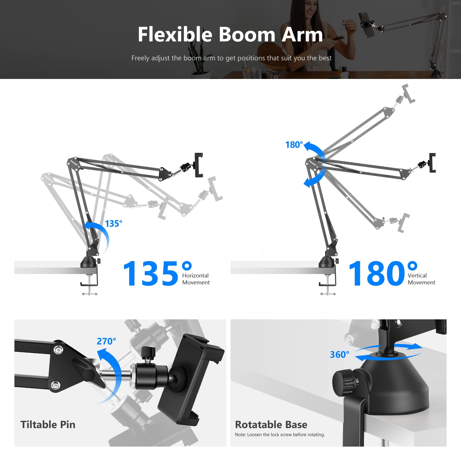 Neewer Overhead Phone Mount Stand, Suspension Scissor Arm Stand with Enlarged Desk Mount C Clamp, Phone Holder and Ball Head for Live Streams, Zoom Calls, Remote Working, Online Teaching, Selfies