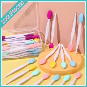 100 Pieces Lip Scrub Brushes Double Sided Silicone Exfoliating Lip Brush with Container Soft Silicone Face Lips Cleaning Tool Silicone Lip Scrubber for Plump Smoother Lip Appearance Multi-colored